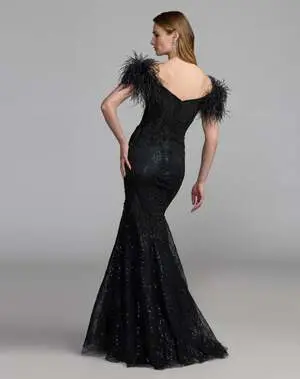 MAC DUGGAL COLLECTION Beaded Lace Mermaid Gown With Feathers