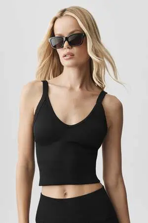 Alo Yoga Seamless Ribbed V-neck Favorite Bra Tank Top - Black
