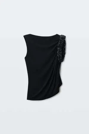 Alexander Wang Sleeveless Top W/ Hotfix Twist Drape - Black