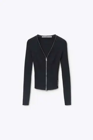 Alexander Wang V-neck Long Sleeve Pointelle Zip Cardigan - Black