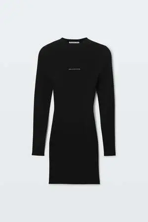 Alexander Wang Textured Logo Long Sleeve Crewneck Dress Black