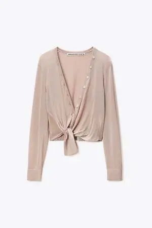 Alexander Wang Crystal Hotfix Knotted Deep V-neck Cardigan - Nude