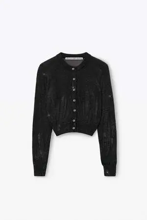 Alexander Wang Cropped Crewneck Cardigan W/ Clear Bead Hotfix - Black