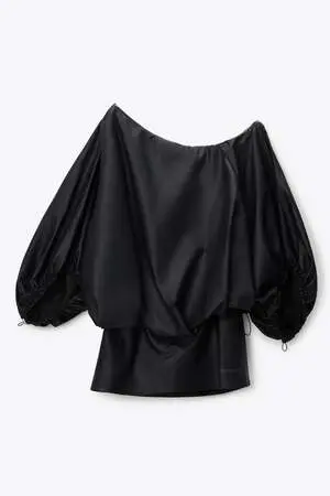 Alexander Wang Leather Gathered Off Shoulder Mini Dress - Black