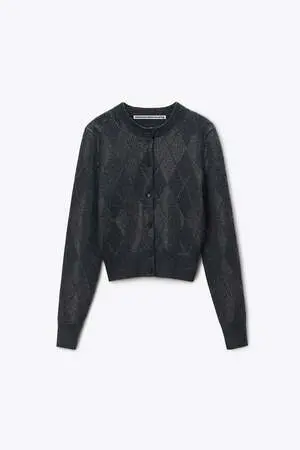 Alexander Wang Crystal Hotfix Wool-blend Argyle Cardigan Graphite