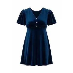 YUMI Navy Velvet Skater Dress With Dimante Bow Detail - Blue