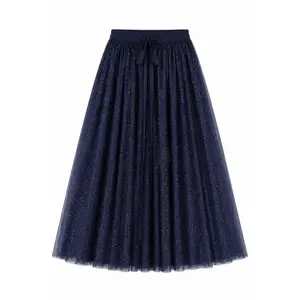 YUMI Navy Diamonte Tulle Midi Skirt