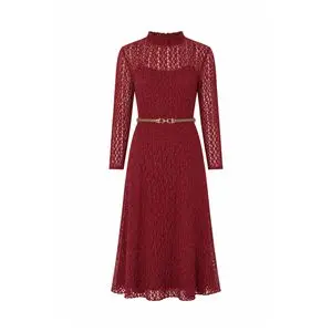YUMI Burgundy High Neck Lace Midi Dress