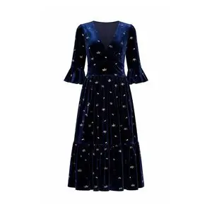 YUMI Navy Velvet Embroidered Midi Dress - Blue