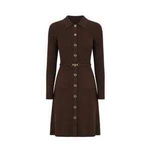 YUMI Rib Knit Midi Shirt Dress With Snaffle Belt