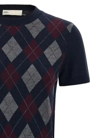 Tory Burch Short-sleeve Argyle Knitted Sweater - Blue