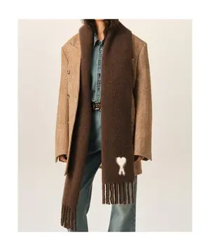 AMI Paris Brown Alpaca Scarf With De Coeur