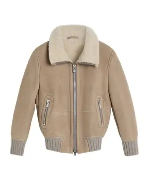 BRUNELLO CUCINELLI Suede Curly Shearling Bomber Jacket With Cashmere Knit Inserts