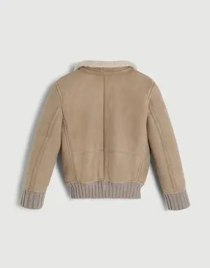 Brunello Cucinelli Suede Curly Shearling Bomber Jacket With Cashmere Knit Inserts