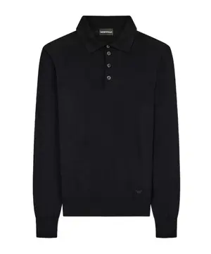 Emporio Armani Logo Embroidered Fine Knit Polo Top - Black