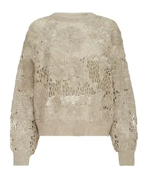 Brunello Cucinelli Whispering Bloom Embroidery Sweater In Sparkling Mohair And Wool - Sand