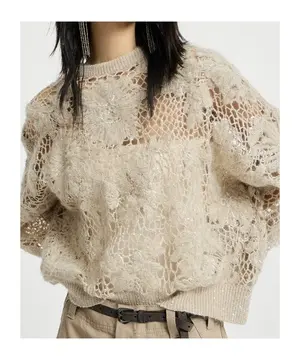 Brunello Cucinelli Whispering Bloom Embroidery Sweater - Sand