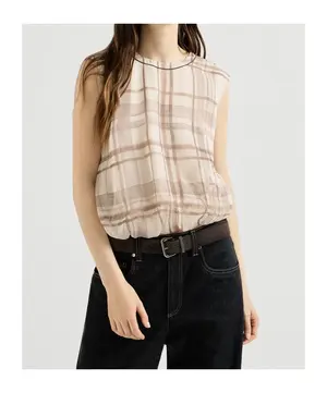 Brunello Cucinelli Macrocheck-print Organza Blouse - Light Yellow