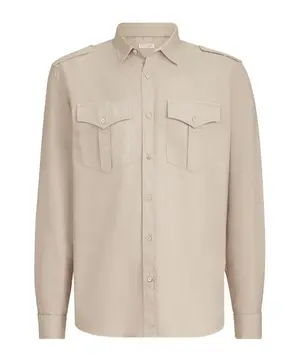 Brunello Cucinelli Garment-dyed Shirt In Cotton Chevron With Spread Collar, Epaulettes And Chest Pockets - Nude