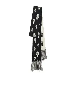 Alexander McQueen Skull Knit Fringed Scarf - Black/ivory
