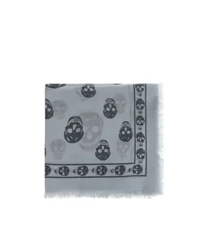 Alexander McQueen Skull Printed Fringed Edge Scarf - Blue