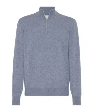 Brunello Cucinelli Funnel-neck Knitted Polo Shirt - Light Denim