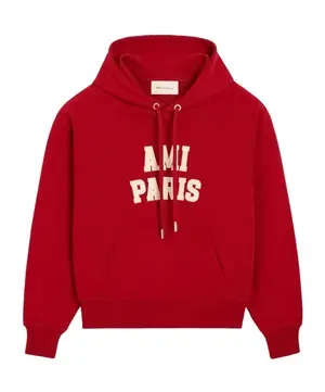 AMI Paris Embroidery Hoodie - Ruby Red/ivory White