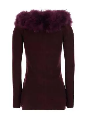 Blumarine Faux Fur Trim Ribbed Cardigan - Bordeaux Red