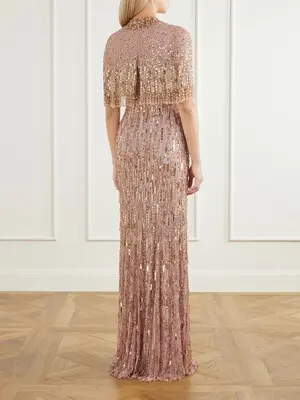 Jenny Packham Leia Cape-detailed Sequin-embellished Gown