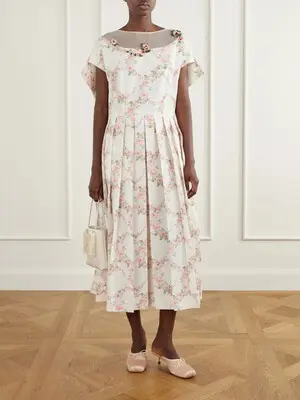 Simone Rocha Bead-embellished Pleated Floral-printed Taffeta Midi Dress
