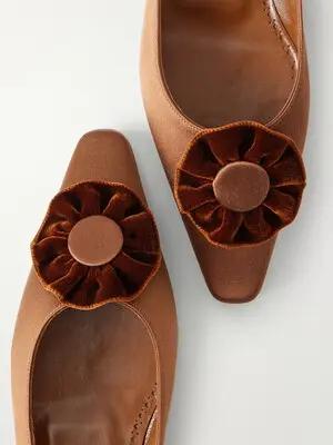 Manolo Blahnik Fortanflat 10 Floral-appliquéd Velvet-trimmed Satin Flats