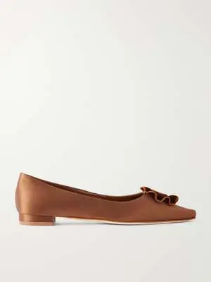 Manolo Blahnik Fortanflat 10 Floral-appliquéd Velvet-trimmed Satin Flats - Tan