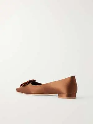 Manolo Blahnik Fortanflat 10 Floral-appliquéd Velvet-trimmed Satin Flats - Tan