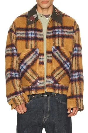 We11Done Teddy Doodle Check Pattern Jacket In Brown - Camel
