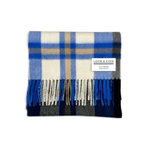 LOOM & COVE Black Check 100% Cashmere Tartan Scarf - Blue