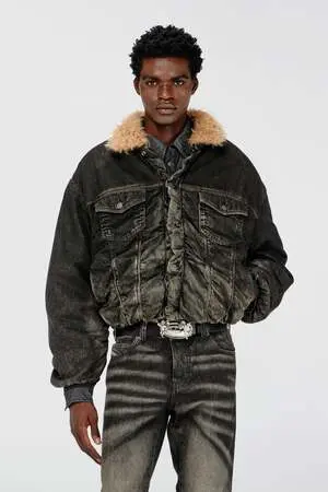 DIESEL® Teddy-lined Trucker Jacket In Dirty-effect Denim