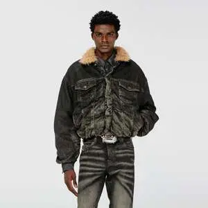 DIESEL® Teddy-lined Trucker Jacket In Dirty-effect Denim Black