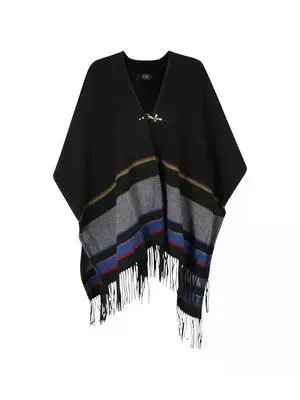 FAY Striped Fringed Cape - Black