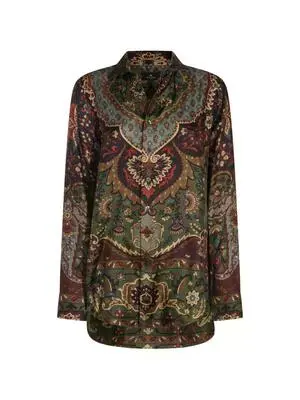 Etro Silk-blend Jacquard Shirt With Houndstooth Motif And Print - Green