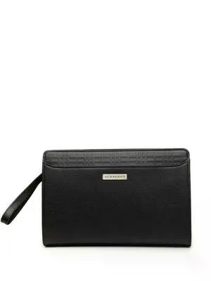 Burberry 2000-2017 Check Embossed Leather Trimmed Clutch Bag - Black
