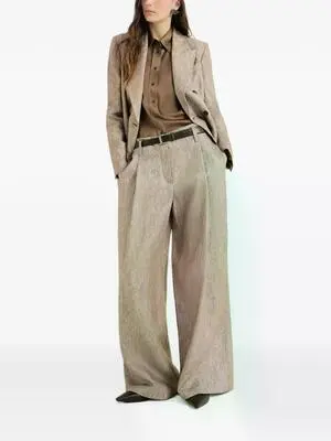 Brunello Cucinelli Linen Denim Pleated A-line Trousers With Monili - Neutrals