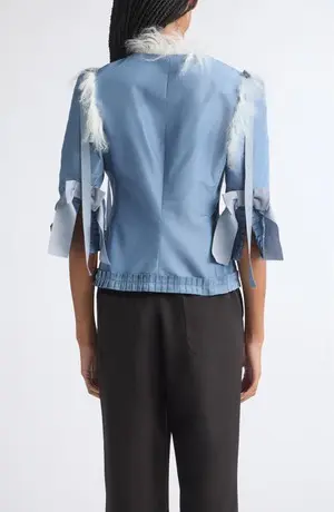 Sandy Liang Josie Genuine Shearling Trim Taffeta Top