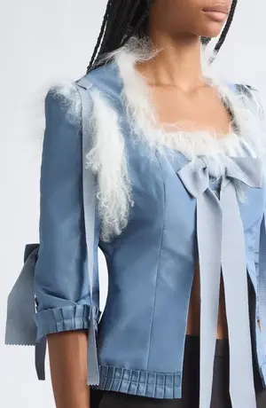 Sandy Liang Josie Genuine Shearling Trim Taffeta Top