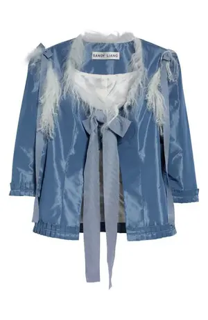 Sandy Liang Josie Genuine Shearling Trim Taffeta Top