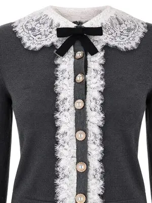SELF-PORTRAIT Cardigan In Lana Con Colletto In Pizzo - Grey