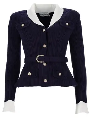 SELF-PORTRAIT Cardigan In Maglia A Coste - Blue