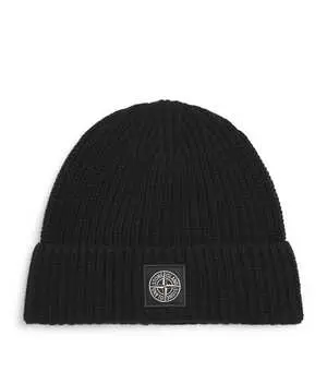 Stone Island Virgin Wool Logo Beanie - Black