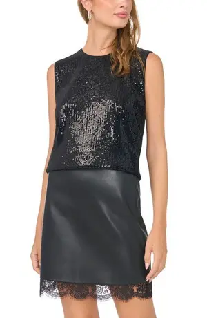 Vince Camuto Asymmetrical Neck Sequin Top Rich Black