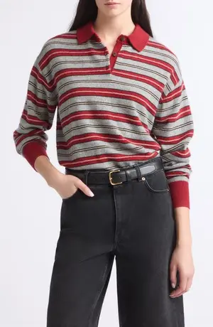 Guest In Residence Collegiate Striped Cashmere Polo Sweater - Carmine Combo
