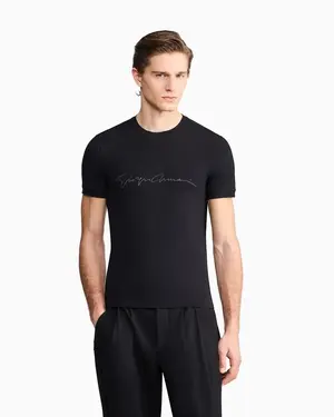 Giorgio Armani Stretch T-shirt In Viscose With Crew Neck And Logo - Black